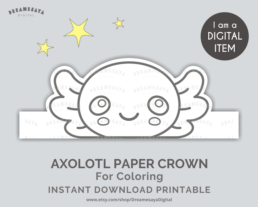 Printable Axolotl Coloring Party Hat, Adorable Reptile Head Black and ...