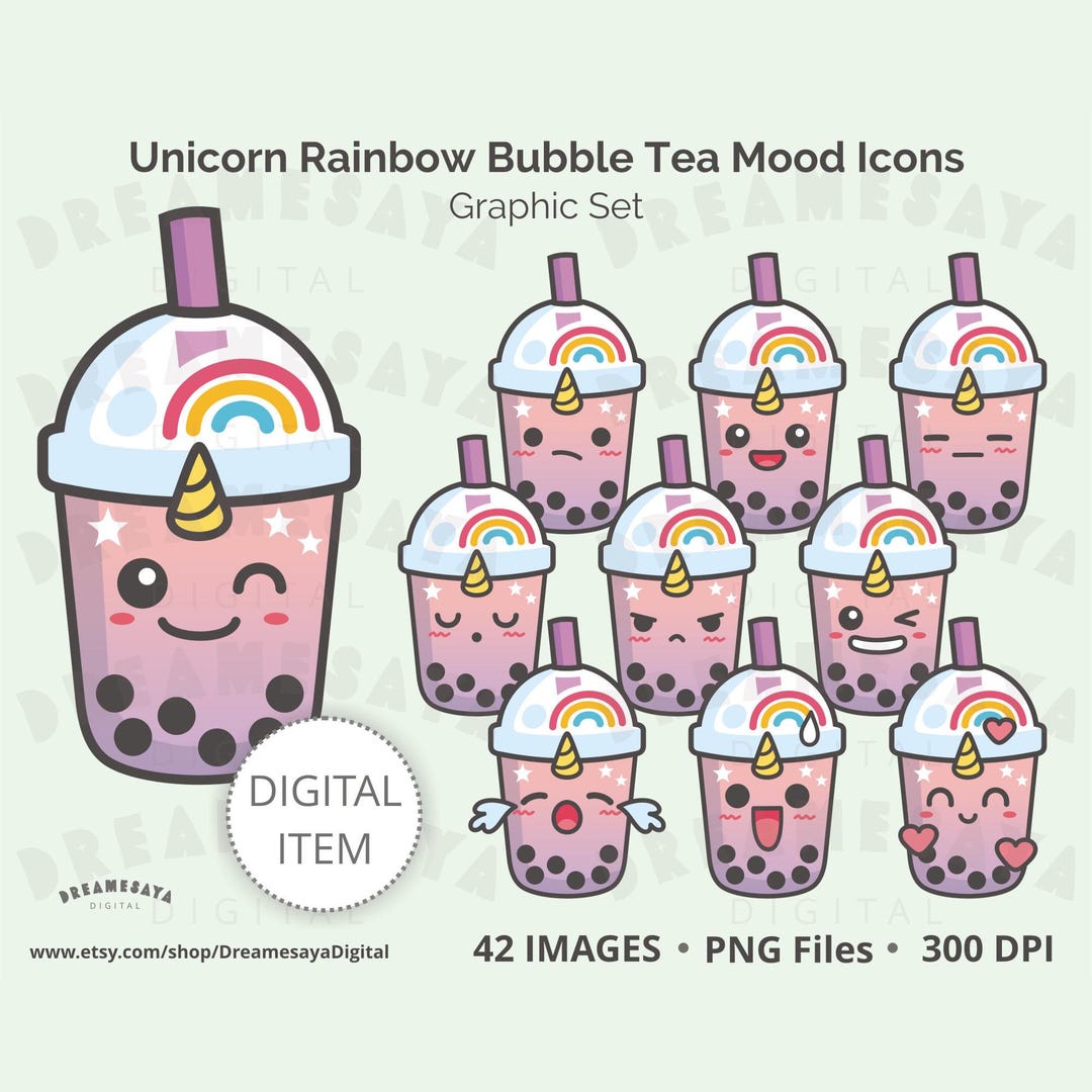 Whimsy Boba PNG Clip Art Set of Kawaii Cute Unicorn Bubble Tea Cups ...