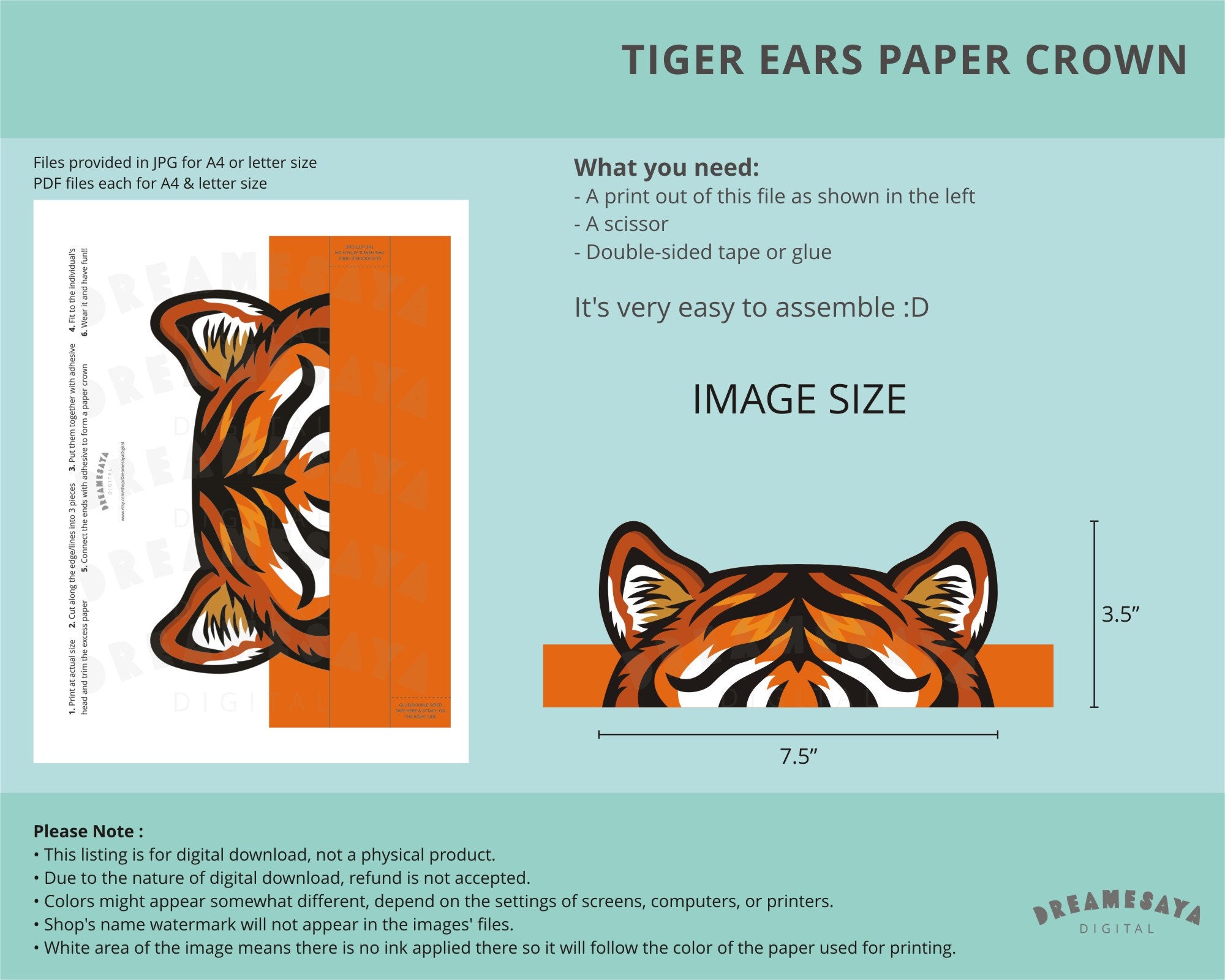 Tiger ears headpiece printable Fun safari animal party paper | Etsy