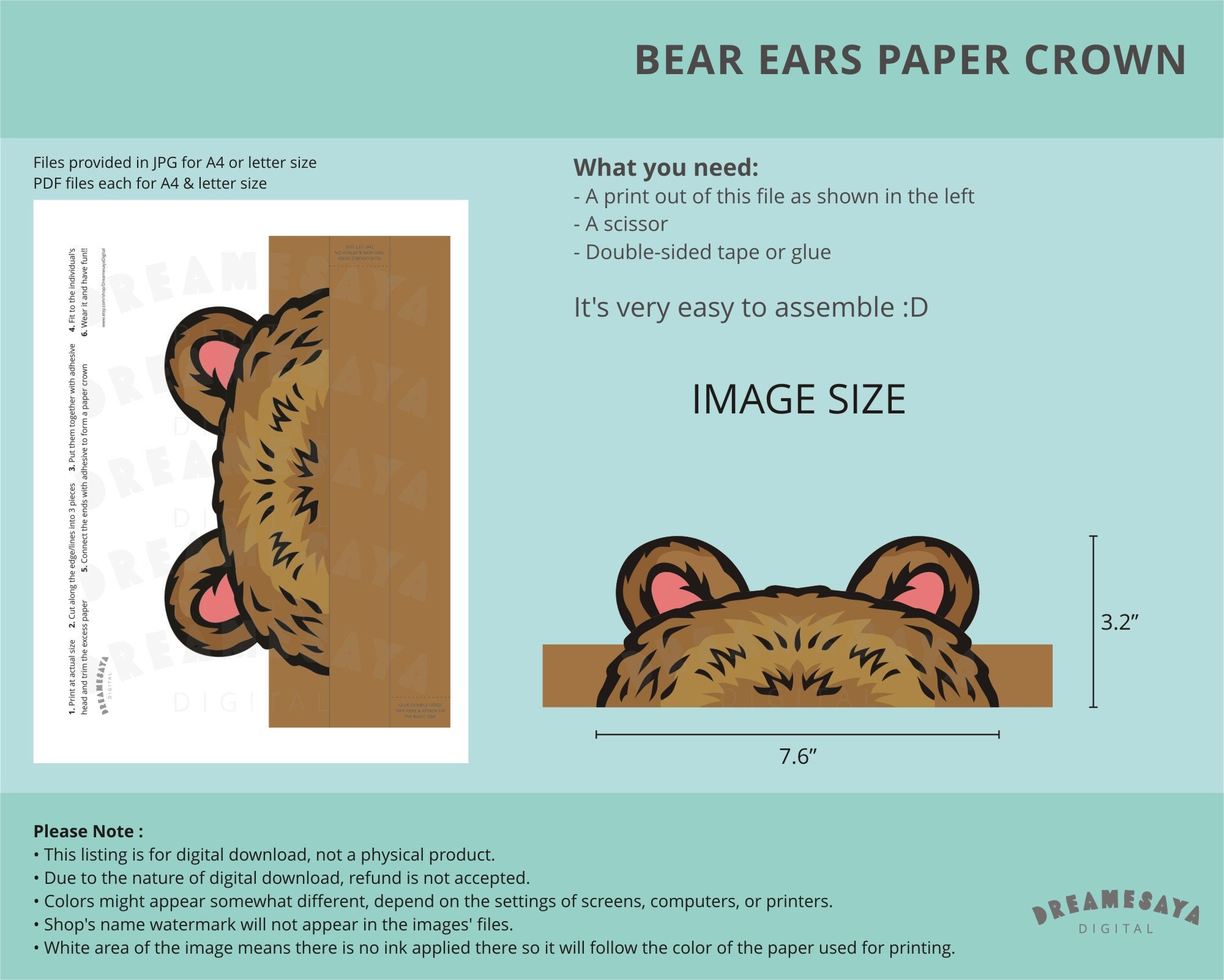 Bear Ears Paper Crown Printable Party Headpiece PDF & JPG Digital ...