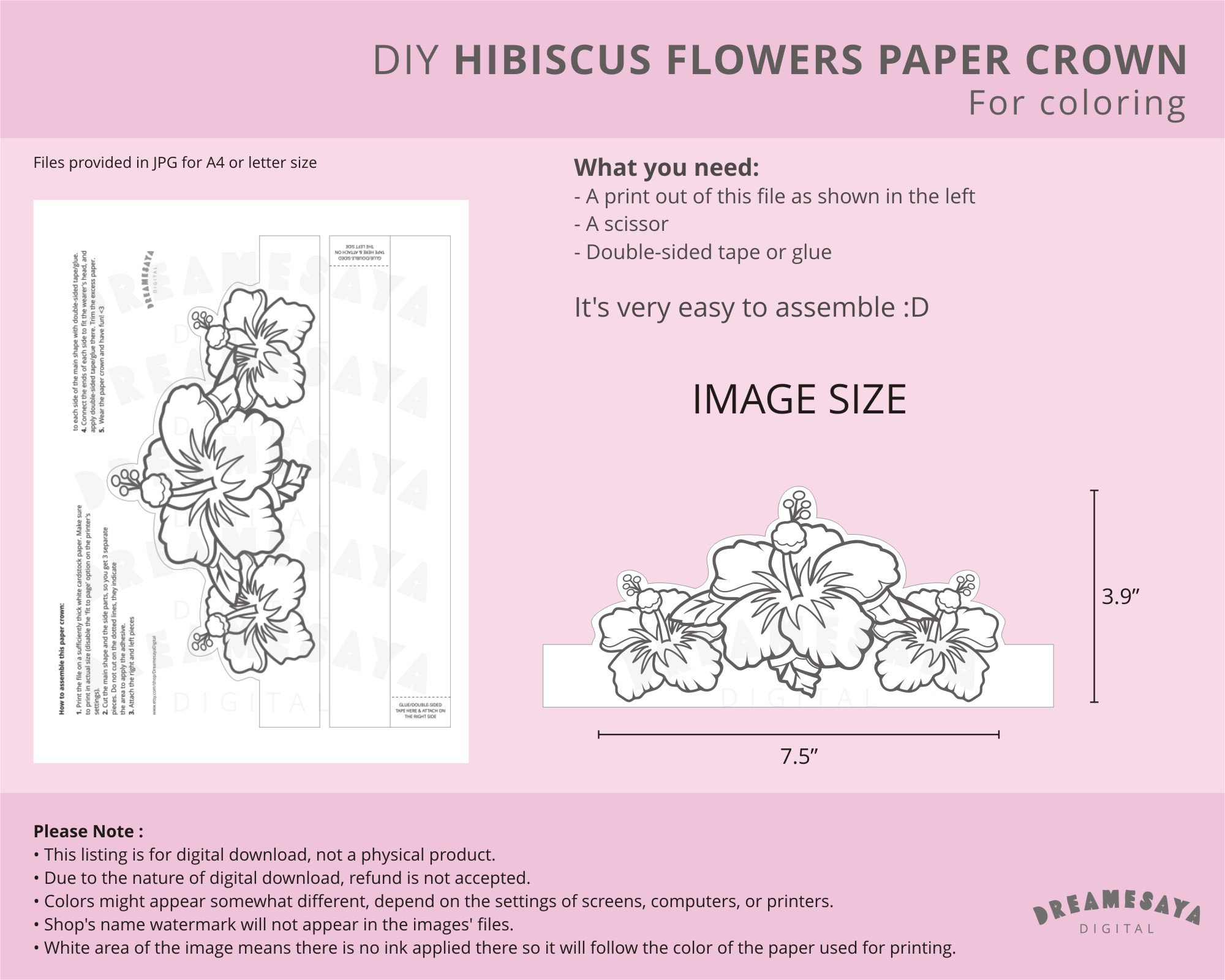 Hibiscus Coloring JPG Printable Hawaiian Flowers Paper Crown Craft Luau ...
