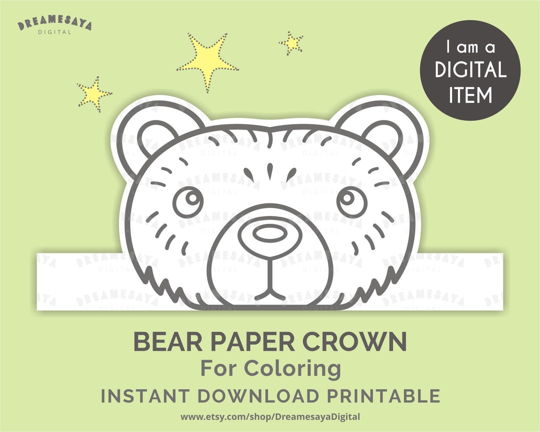 Bear Party Crown for Coloring, Printable Black and White Bear Paper Hat ...