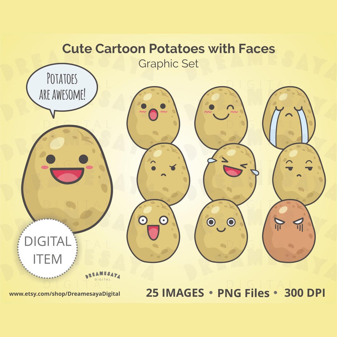 Kawaii Potato Clip Art, Cute Potatoes Emoticon, Cartoon Food With Faces ...