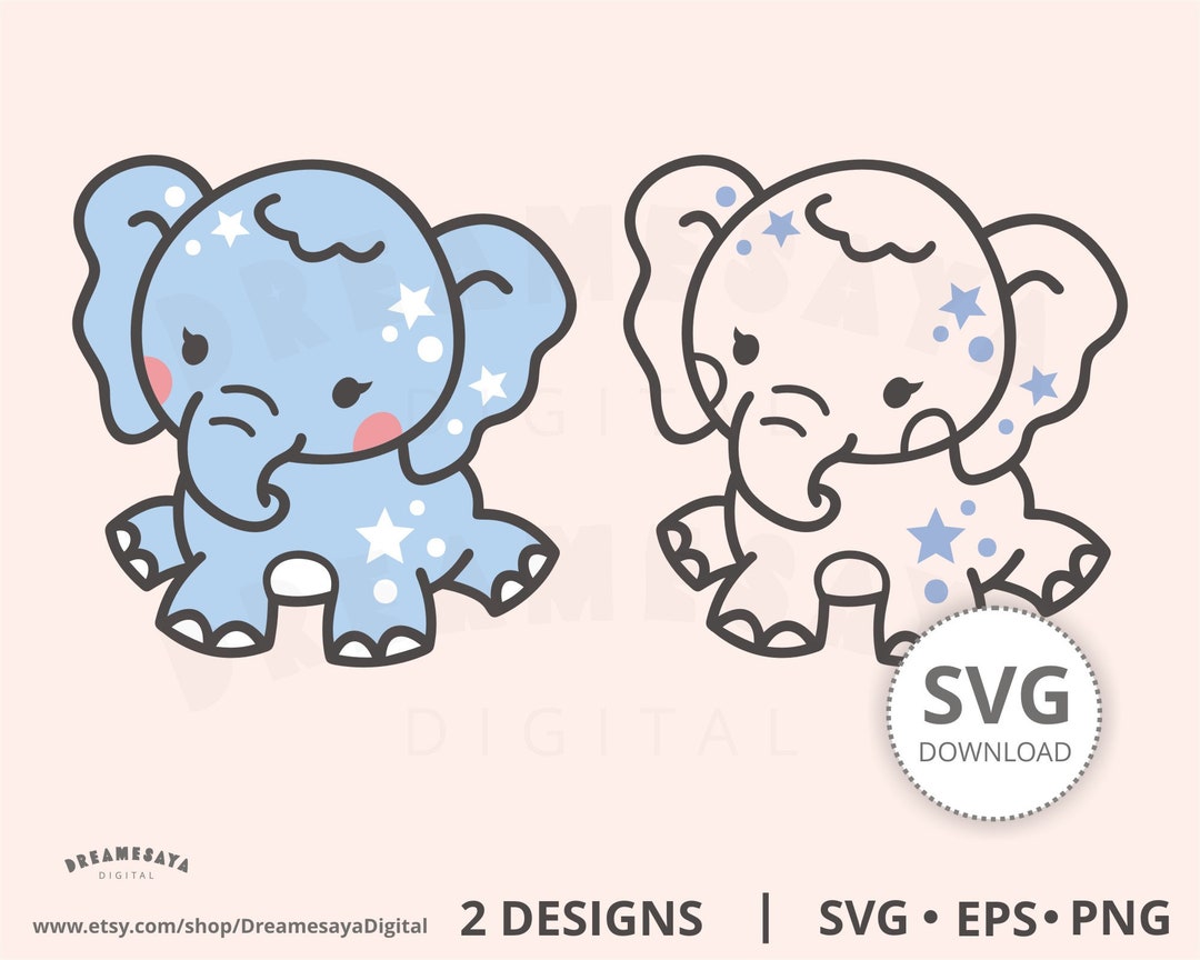 Cute Elephant SVG EPS PNG, Kawaii Blue Baby Animal With Stars Clip Art ...