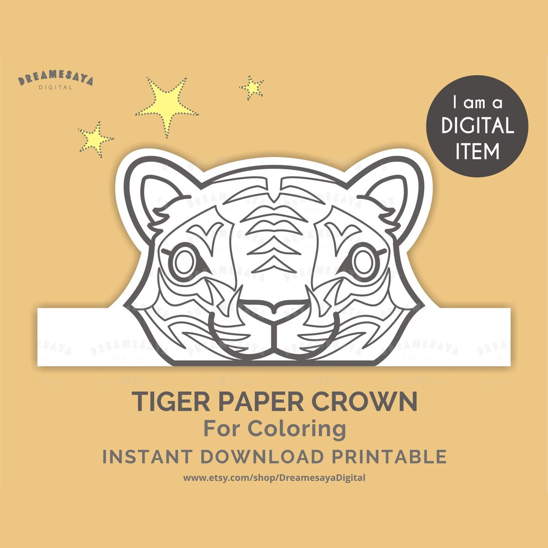 Tiger Coloring PDF Printable DIY Paper Crown Jungle Party Hat Craft JPG ...