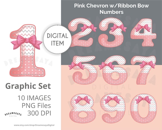 Pink Chevron Number Clip Art With Bow Ribbons Cute Pastel | Etsy