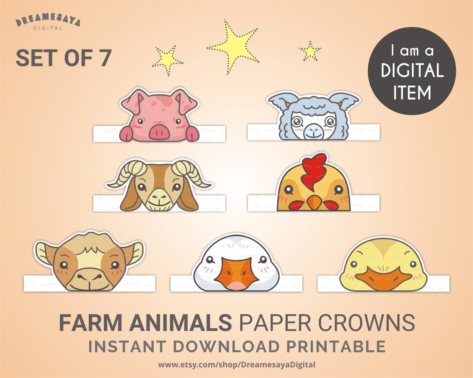 Printable farm animal paper crowns pack of 7 download pig | Etsy