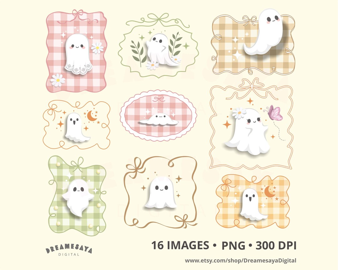 Ghost Frames Clipart Set, Cute Retro Ghosts in Wavy Ribbon Borders and ...