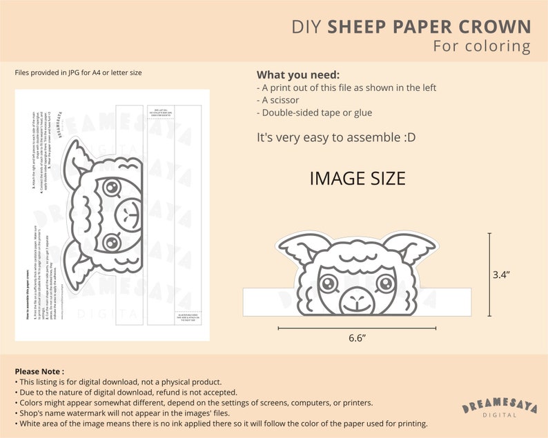 Sheep Coloring JPG Printable Paper Crown Template Farm Animal Lamb ...
