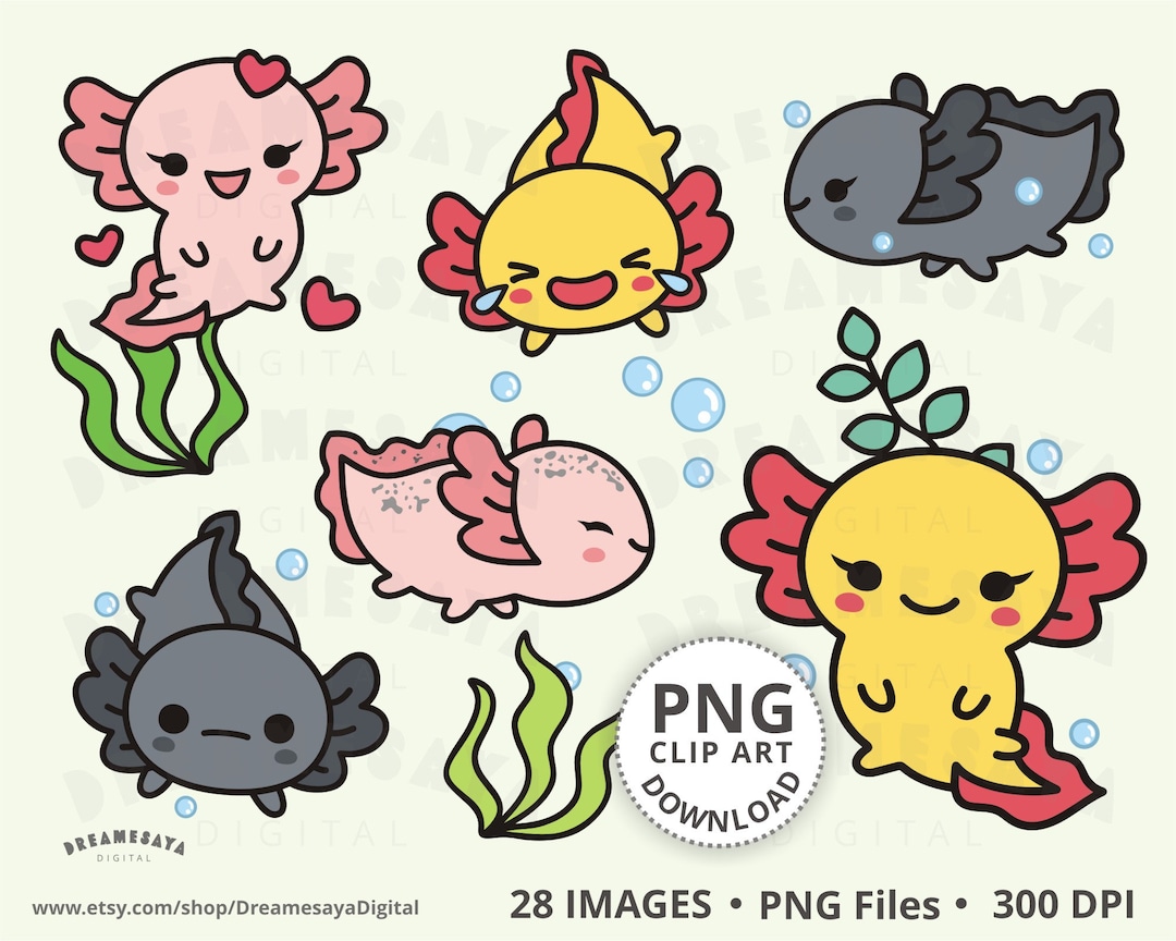 Cute Axolotl Clipart, Kawaii Cartoon Axolotls in Various Colors PNG ...