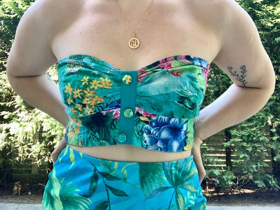 Vintage 80s Crop Top Cotton Bikini Tropical Floral Pr… Gem