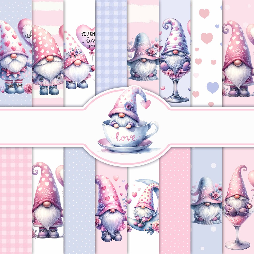 Valentine Gnomes Digital Paper, 16 Printable Jpg's 12 X 12 Inch ...