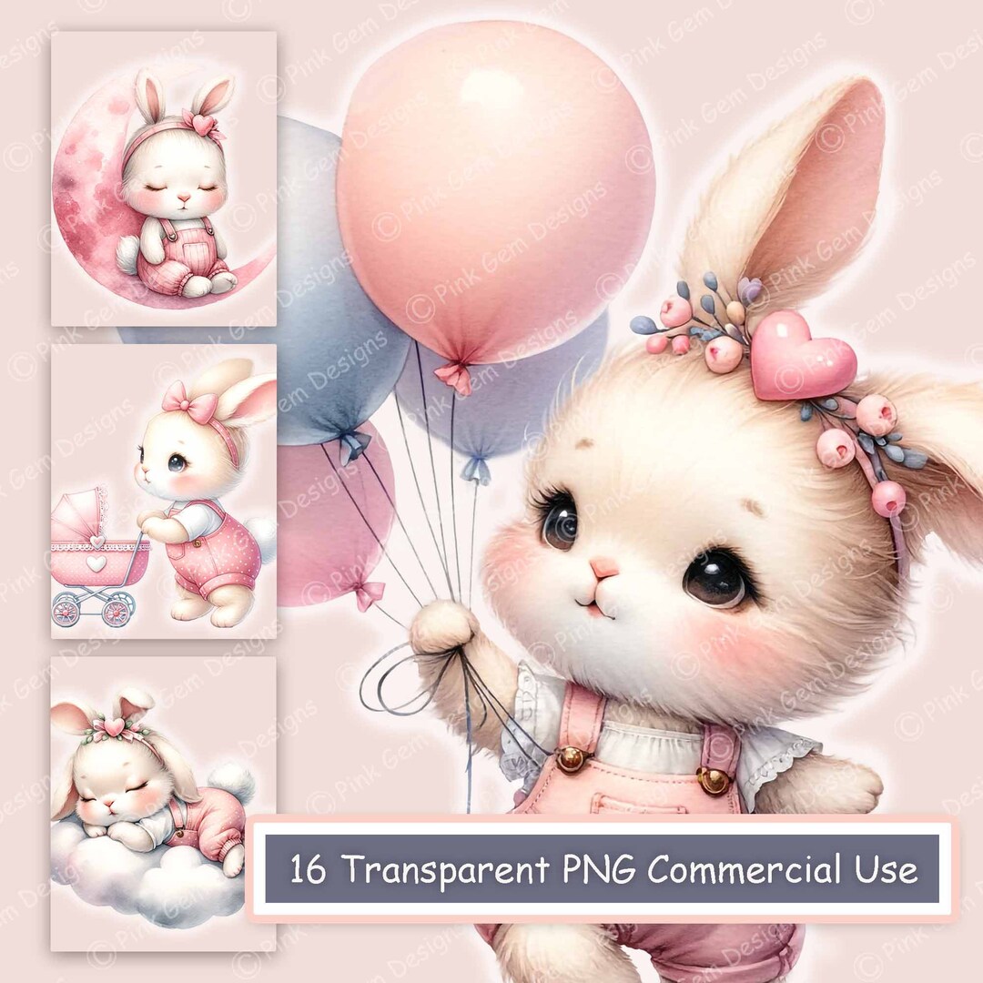 Pink Baby Bunny Watercolor Clipart Bundle: Nursery PNG (digital ...