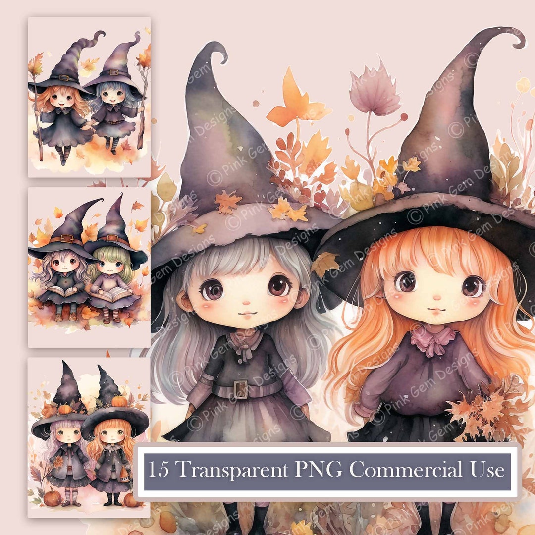 Watercolour Cute Little Witch Friends Clipart Bundle, Commercial Use ...