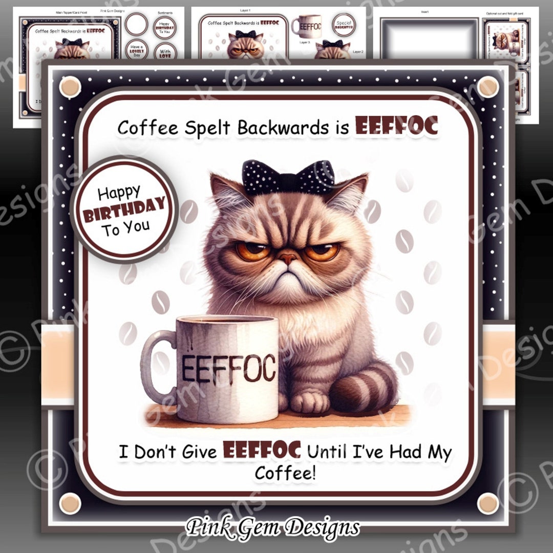 Eeffoc, Cat, Downloadable Card Kit, Coffee, Printable, Cardmaking ...