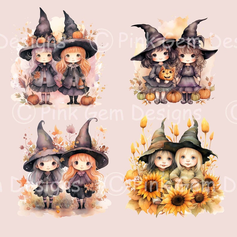 Watercolour Cute Little Witch Friends Clipart Bundle - Etsy