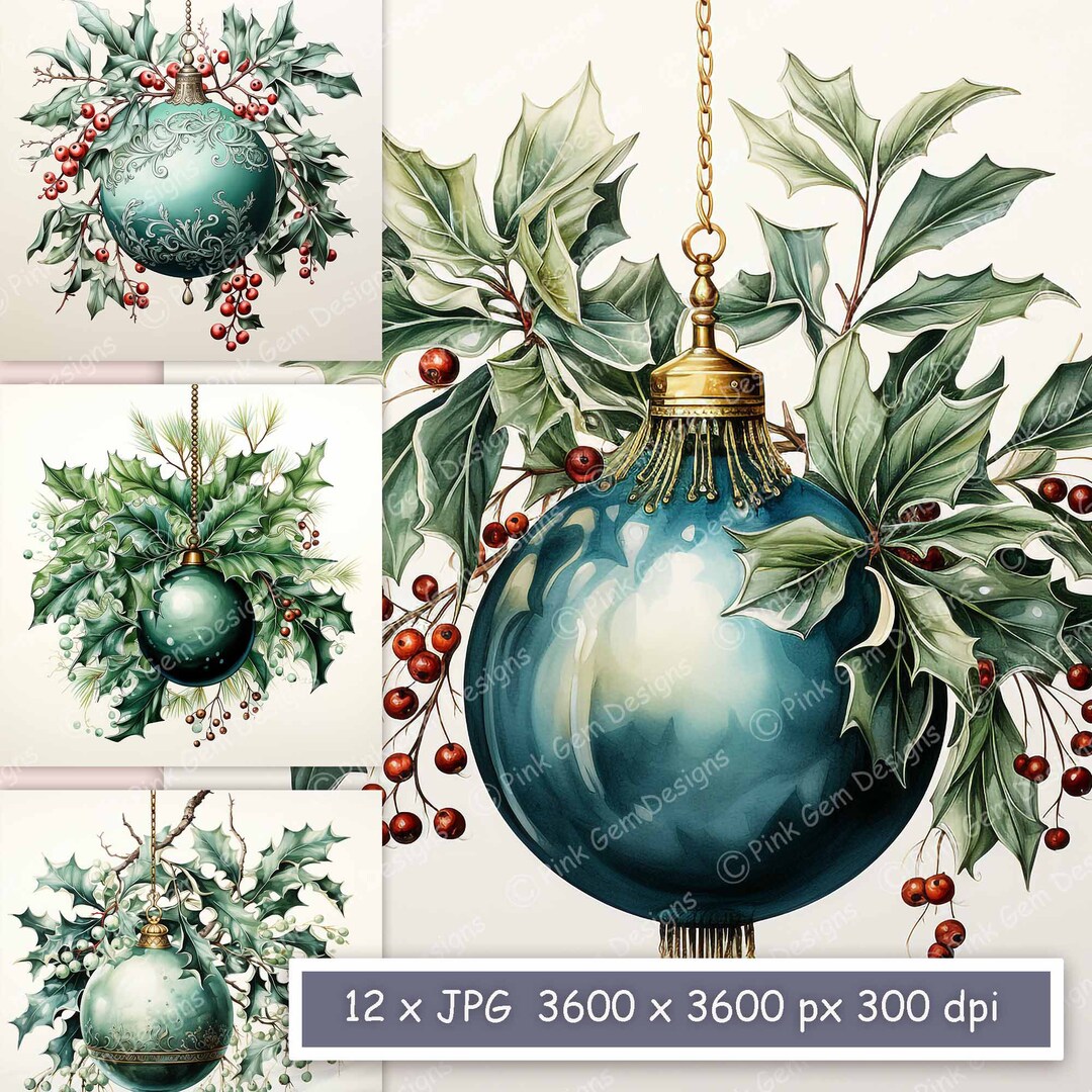 Watercolour Holly Baubles Digital Paper, Holly, Clipart, 12 Printable ...
