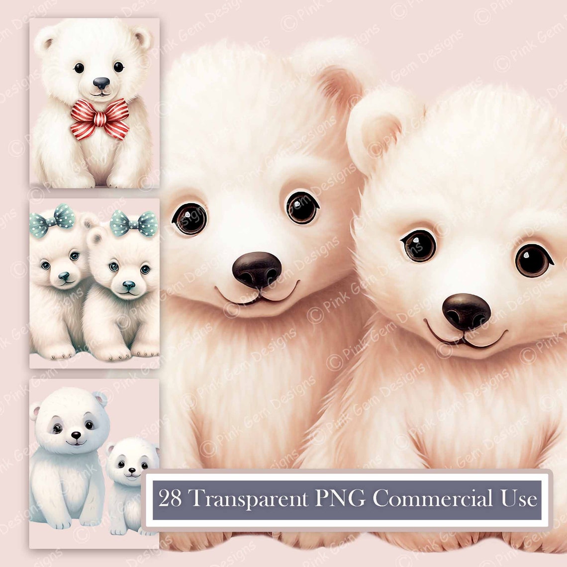 Watercolour Polar Bears Clipart Bundle, 28 Transparent PNG, Commercial ...