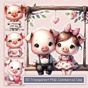 Water Colour Romantic Pigs Clipart Bundle, Piglets, 30 Transparent PNG ...