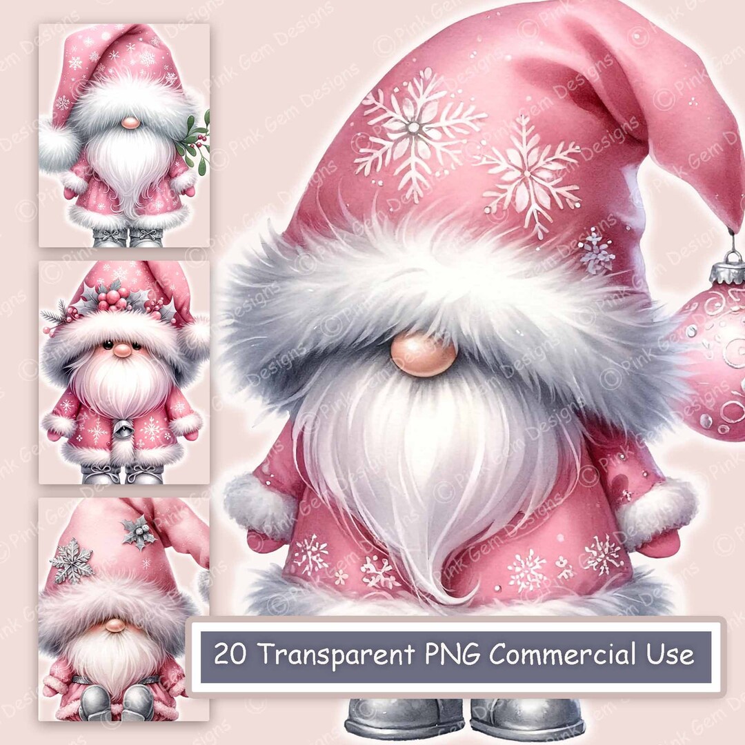 Water Colour Pink Santa Gnomes Clipart Bundle, Gnome, 21 Transparent ...
