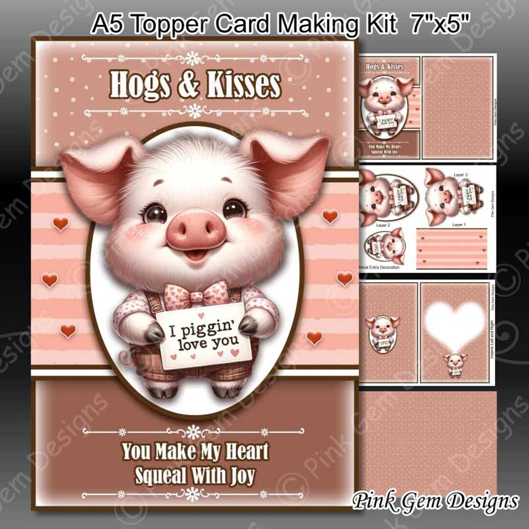 Pig Downloadable Card Kit, Hogs & Kisses, Printable, Cardmaking Kit, Scrapbooking, Junk ...