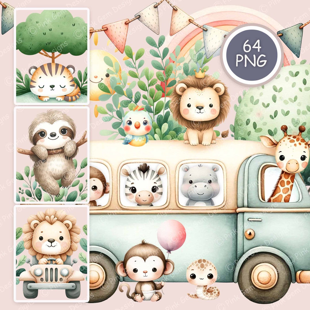 Watercolor Baby Safari Animals Clipart Bundle (64 PNG) (digital ...