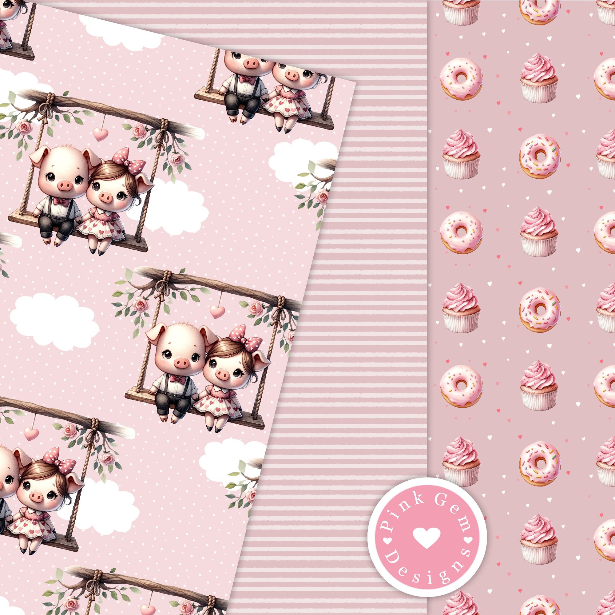 Romantic Pigs Digital Paper, 16 Printable Jpg's 12 X 12 Inch, Seamless ...