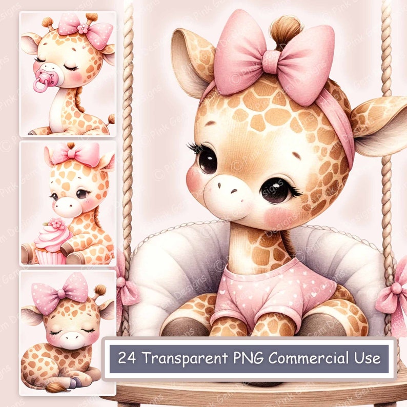 Water Colour Baby Giraffes Clipart Bundle, Baby Girl, 24 PNG, Giraffe ...
