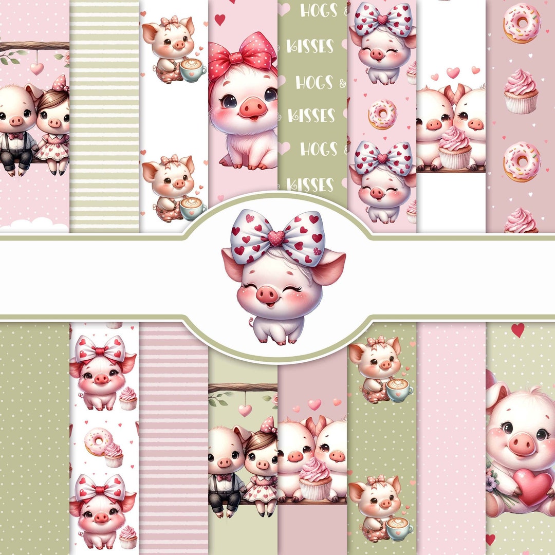 Romantic Pigs Digital Paper, 16 Printable Jpg's 12 X 12 Inch, Seamless ...