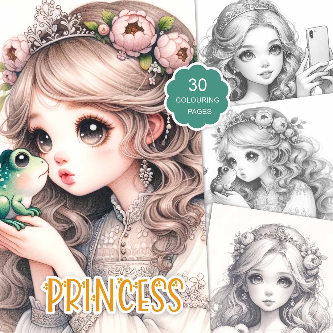 Princess Grayscale Colouring Pages for Adults and Kids, Girls, Instant ...