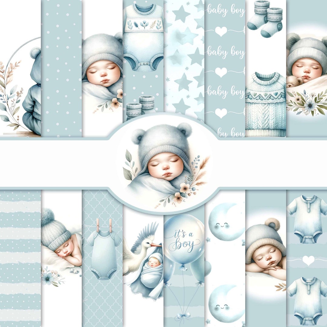Blue Baby Days Digital Paper, 16 Printable Jpg's 12 X 12 Inch, Seamless ...