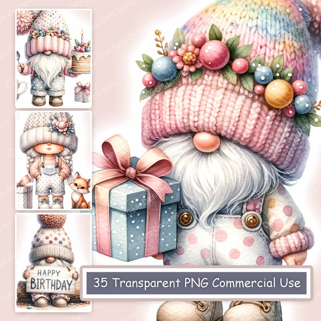 Water Colour Birthday Gnomes Clipart Bundle, Gnome, 35 Transparent PNG ...