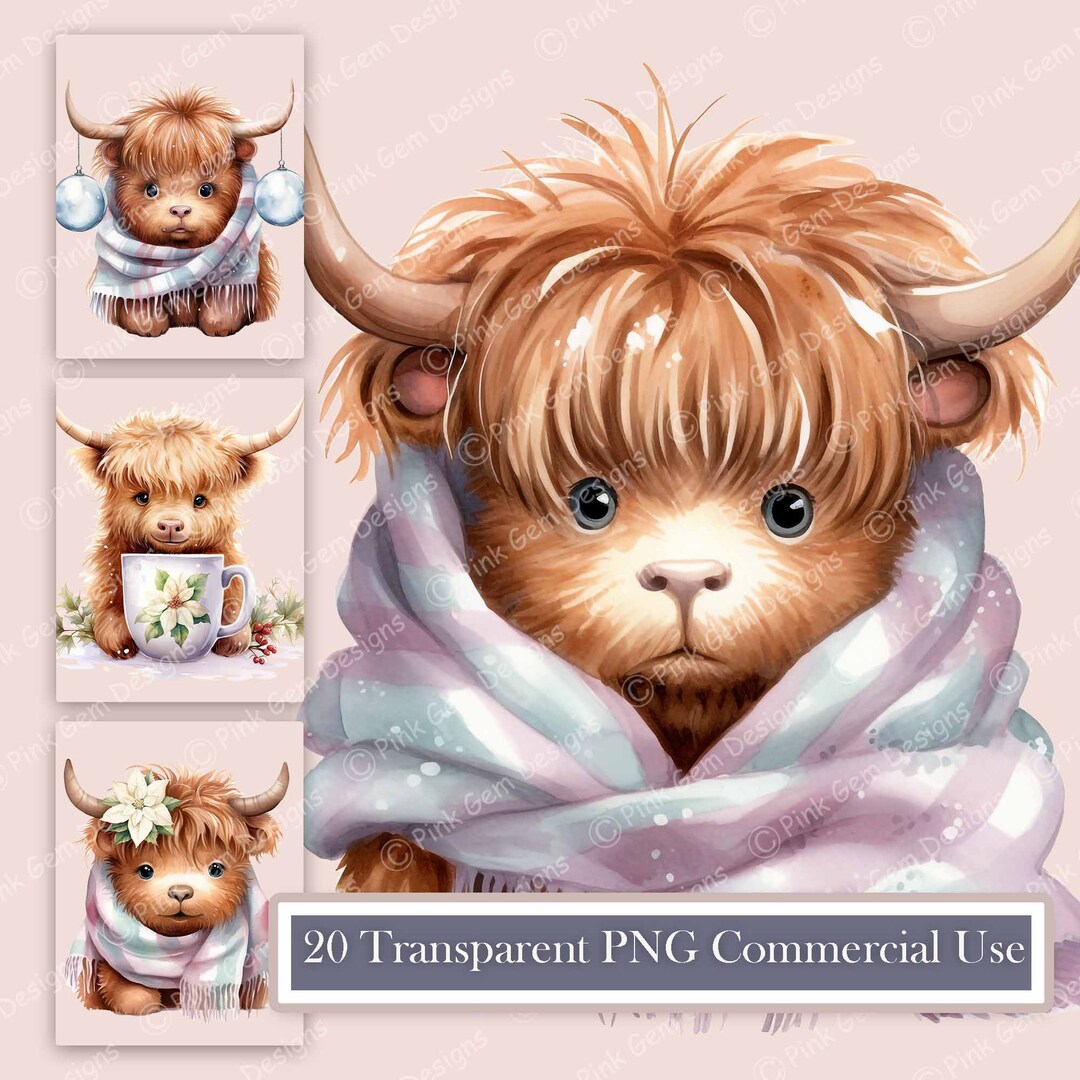 Watercolor Highland Cow Clipart Bundle, Winter PNG Graphics (digital ...