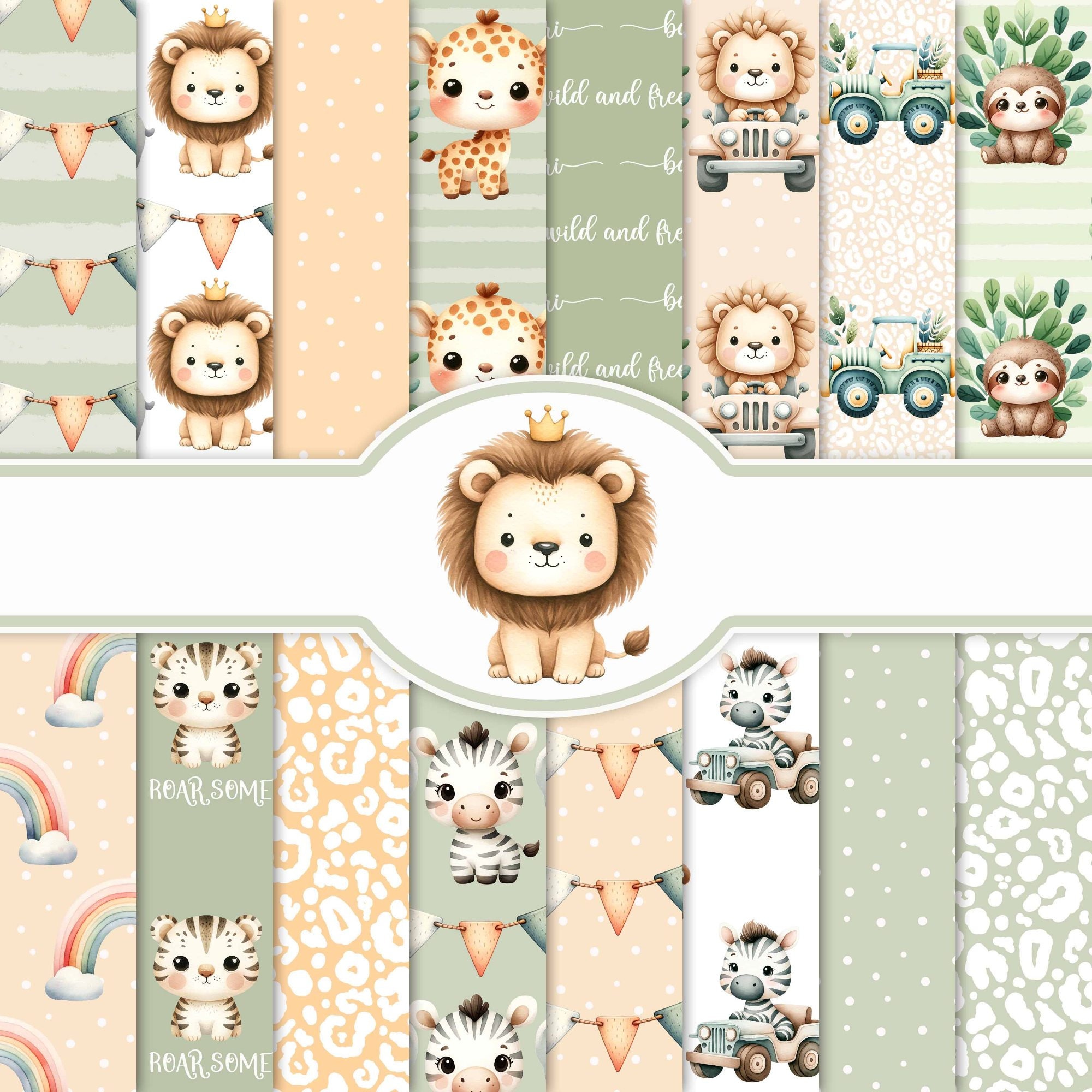 Baby Safari Animals Digital Paper, 16 Printable Jpg's 12 X 12 Inch ...