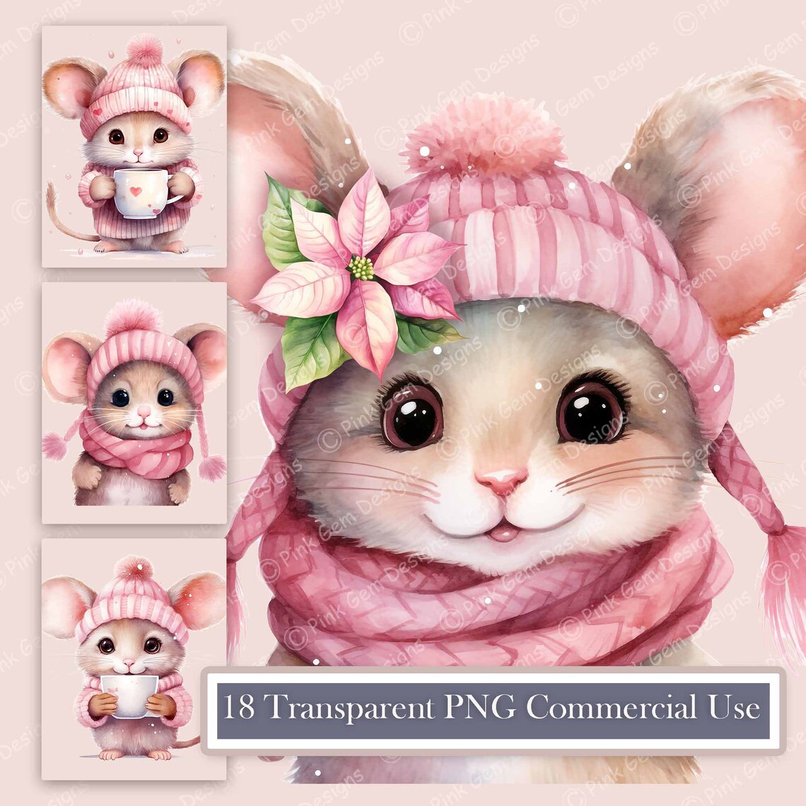 Watercolour Cute Winter Mouse Clipart Bundle, Commercial Use, Printable ...