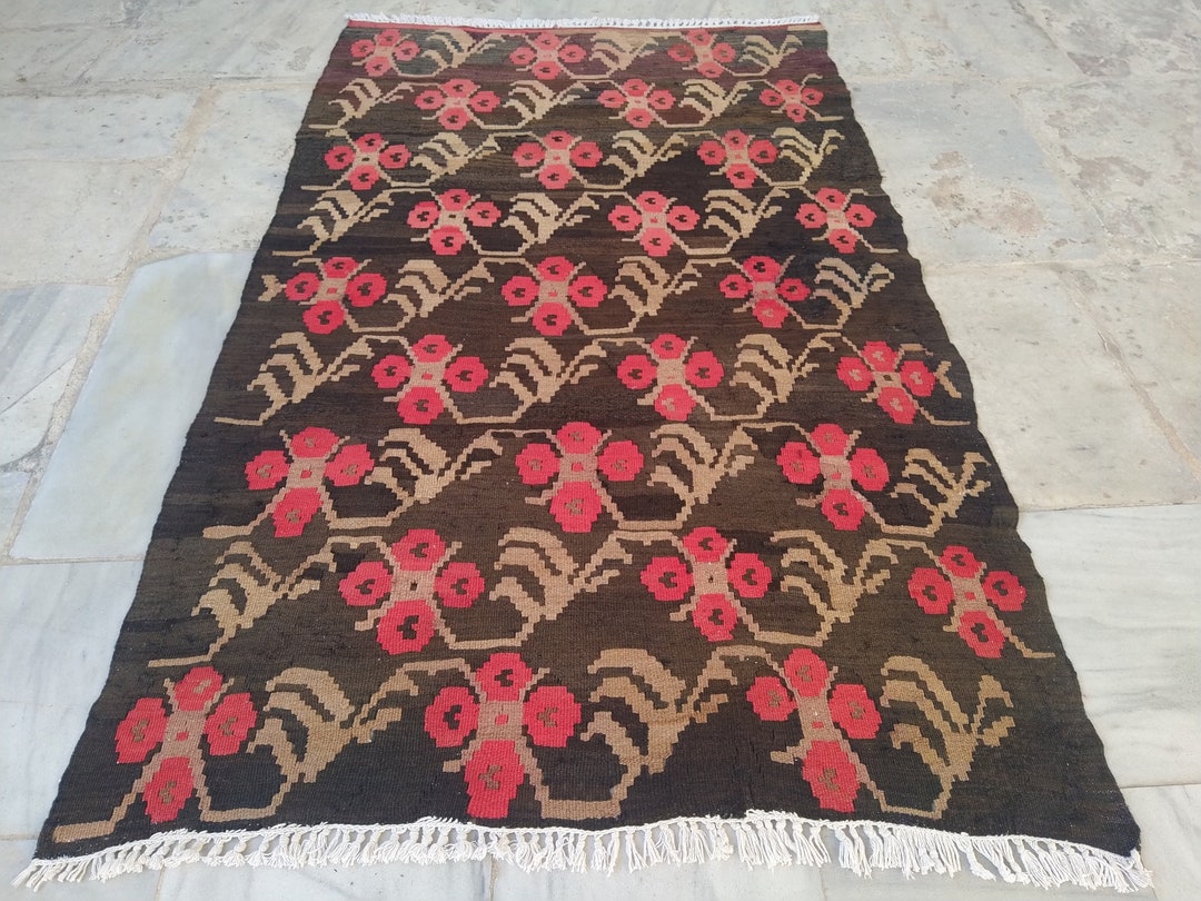 4x6 Black Floral Kilim Rug,anatolian Kilim Rug,4x6 Rug,antique Rug ...