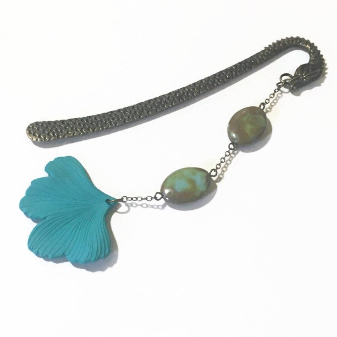 Bookmark With Ginkgo Biloba Leaf, Turquoise and Beige Czech Beads on ...