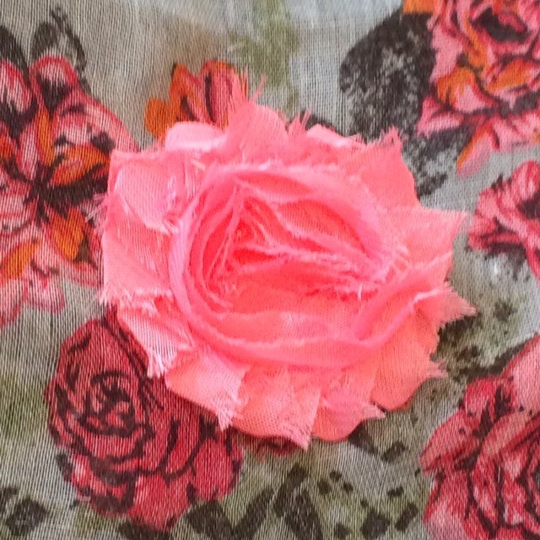 Bright Pink, Almost Neon Flower Brooch in Frayed Chiffon Fabric, Spiral ...