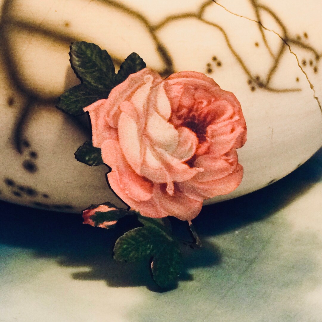 Rose Flower Brooch Printed on Laser Cut Wood, Leaves, Delicate, Tender ...