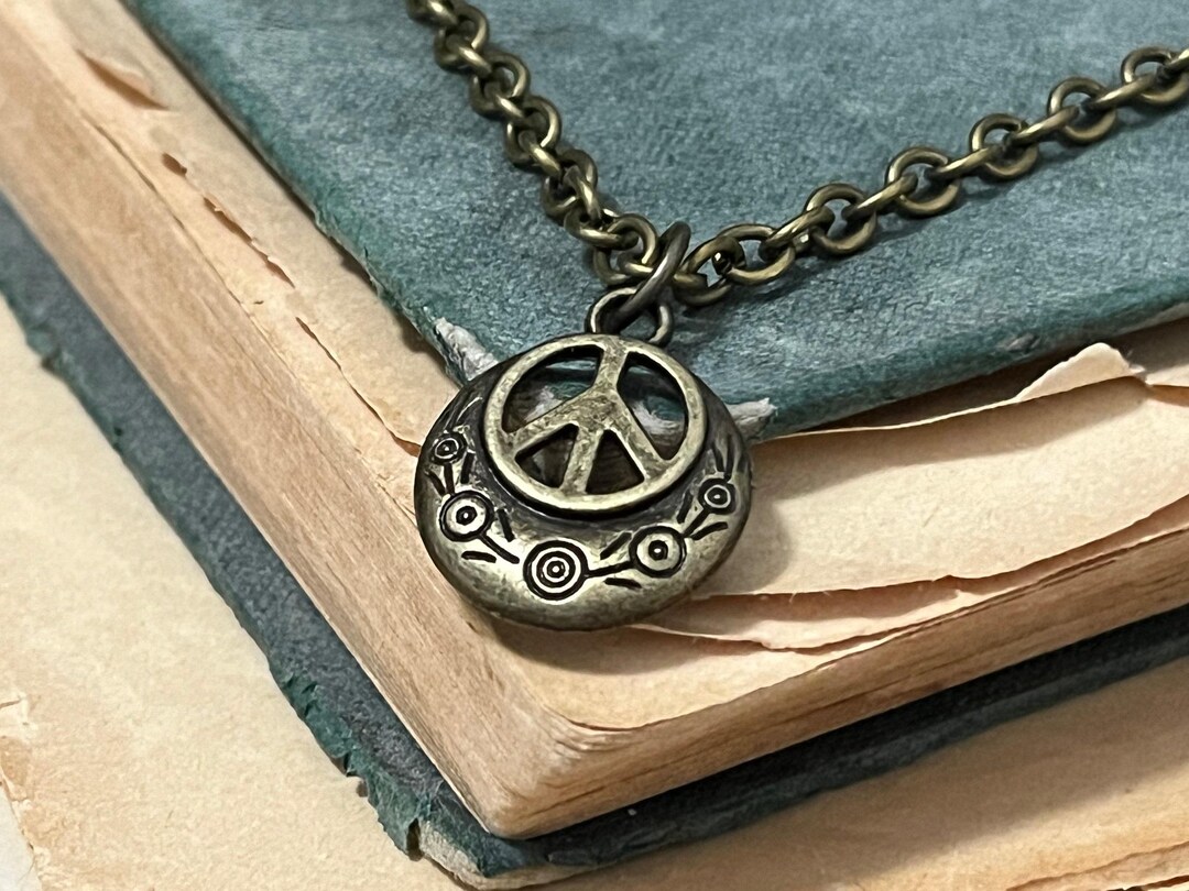 Peace Necklace Solid Bronze, Thick Bronze Chain, Vintage Peace Symbol ...