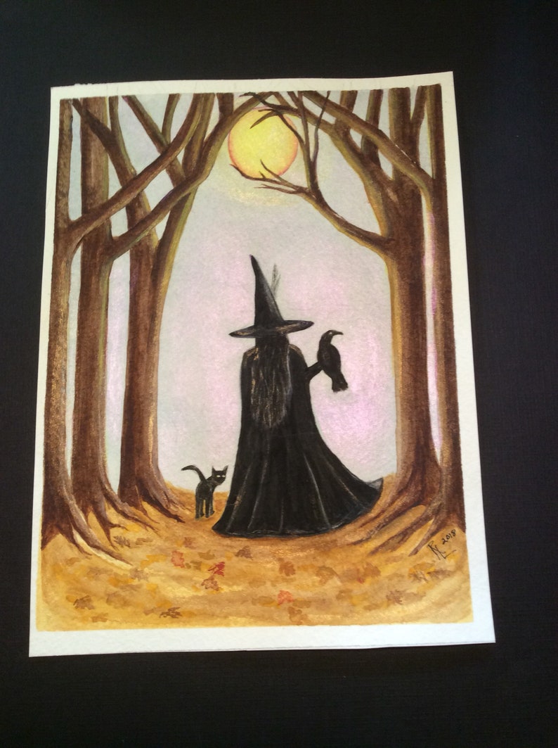 Night Walk, Witch With Familiars Watercolor Painting, Original Painting ...