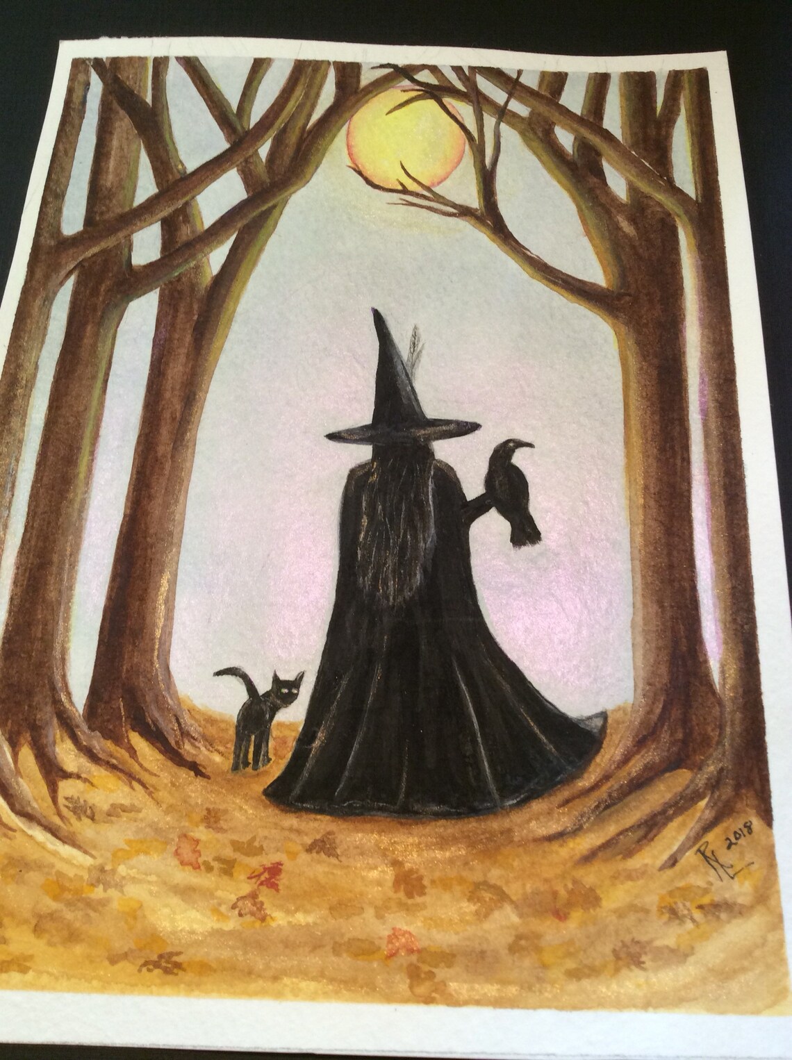 Night Walk, Witch With Familiars Watercolor Painting, Original Painting ...