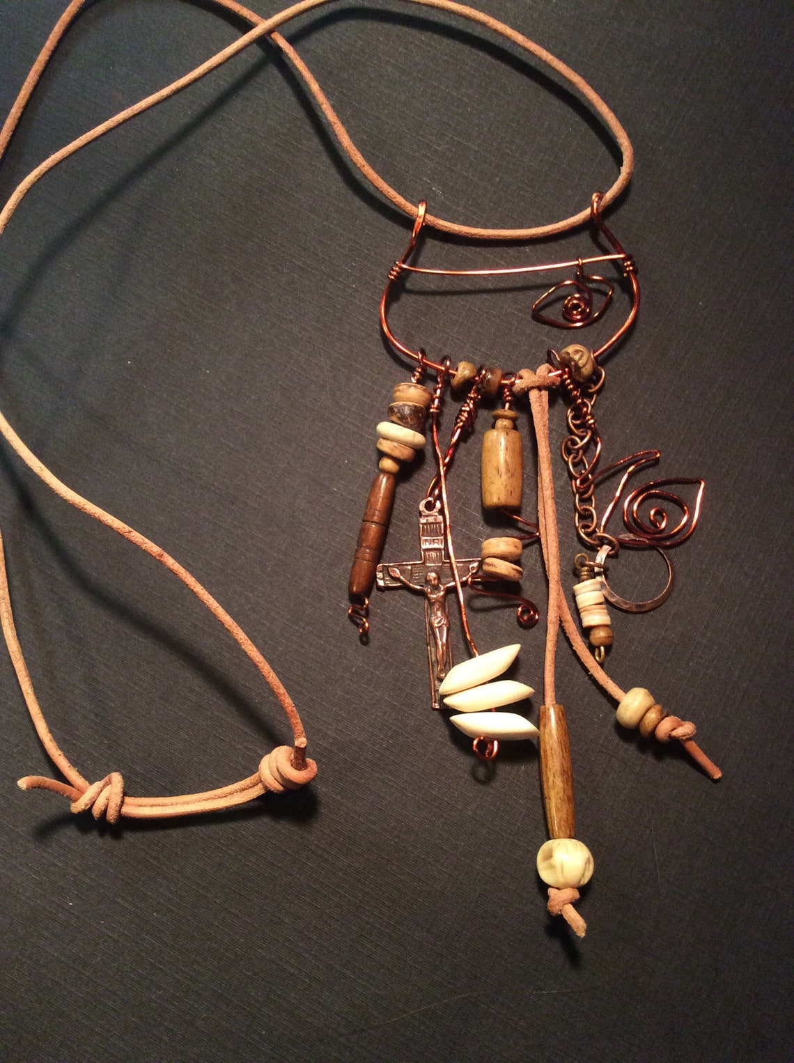 Earth amulet necklace leather charms copper wire cross | Etsy