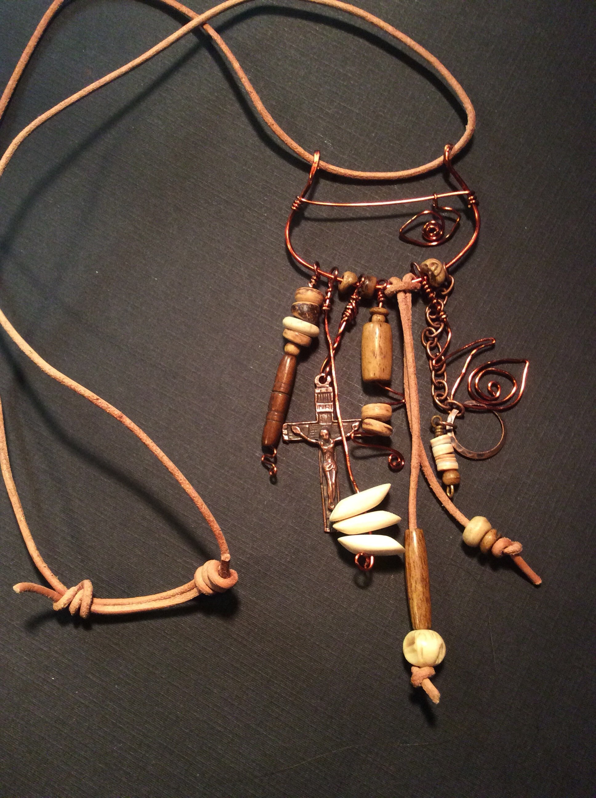 Earth Amulet Necklace Leather Charms Copper Wire Cross - Etsy