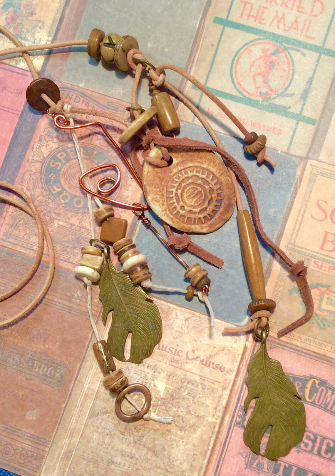 Earth Amulets Leather Necklace, Statement Necklace, Handmade Clay Sun ...