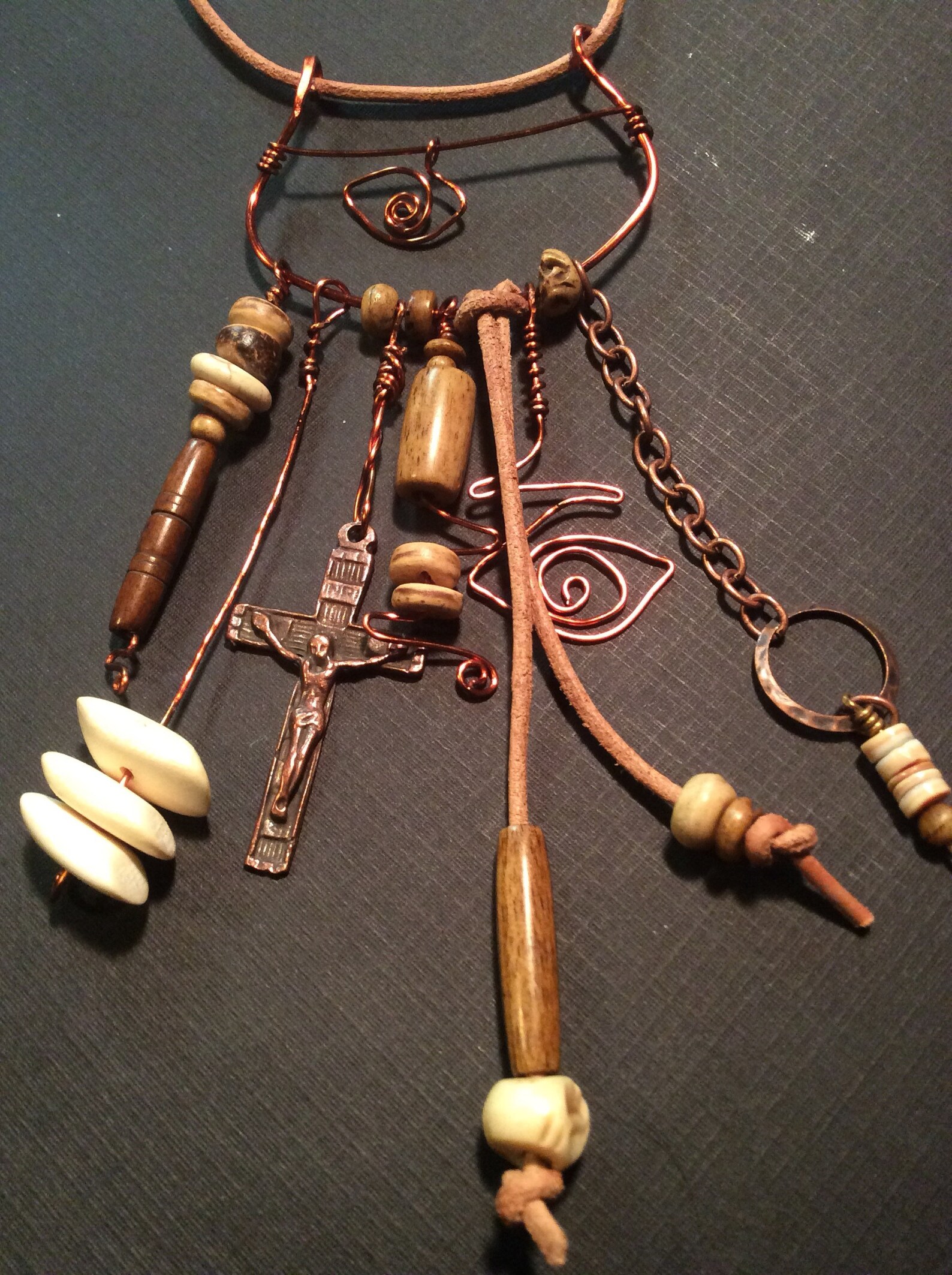 Earth Amulet Necklace Leather Charms Copper Wire Cross - Etsy