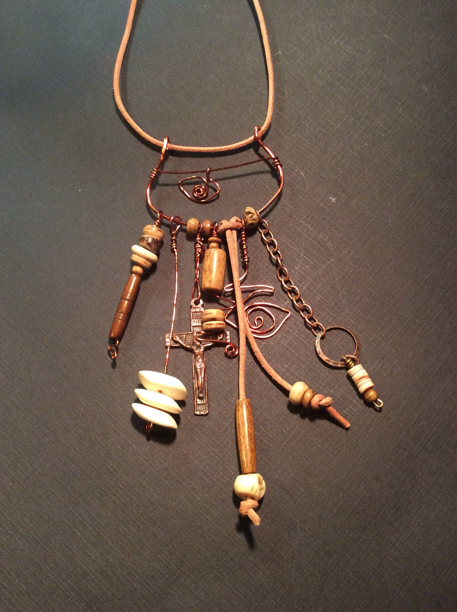 Earth amulet necklace leather charms copper wire cross | Etsy