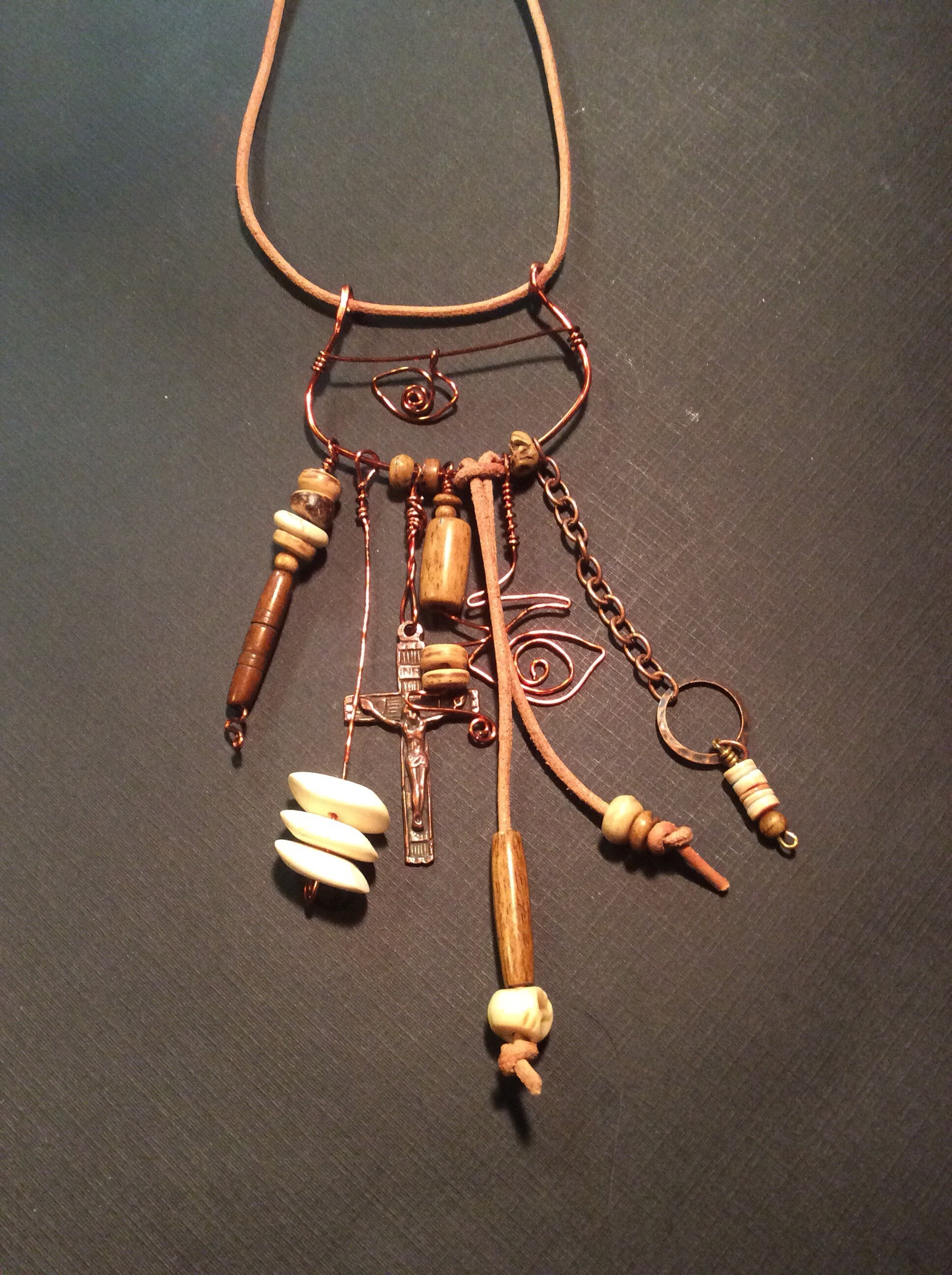 Earth Amulet Necklace Leather Charms Copper Wire Cross - Etsy