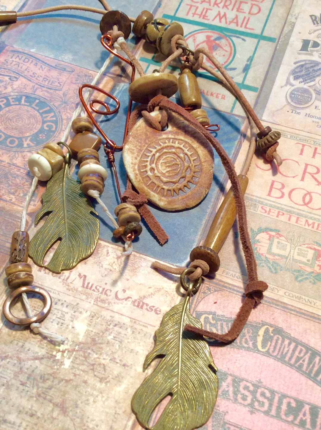 Earth Amulets Leather Necklace, Statement Necklace, Handmade Clay Sun ...