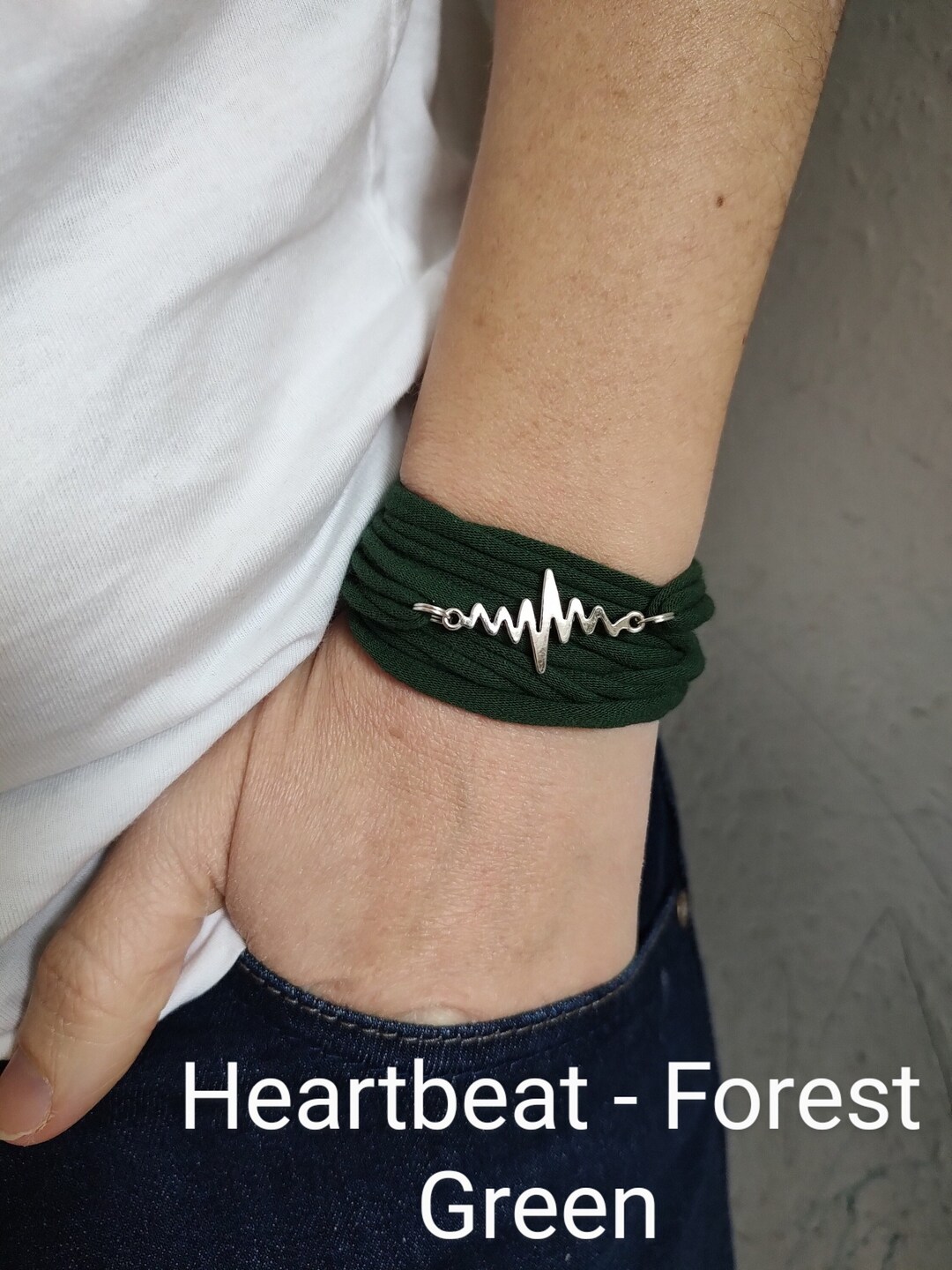 Heartbeat Wrist Cuff Bracelet, Forest Green Wrap Cuff Bracelet Cotton ...